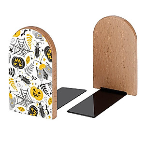Halloween Black Pumpkin Yellow Autumn Book Ends Decorative Wood Bookends for Shelves Kids Room Desk Home Office Book Stoppers for Magazines,Books, DVDs, 1 Pair/2 Pieces(5x3.1 in)