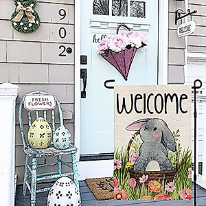 Welcome Easter Garden Flag Vertical Double Sided, Spring Bunny Floral Basket Holiday Yard Farmhouse Outdoor Decoration 12x18 Inch DF022