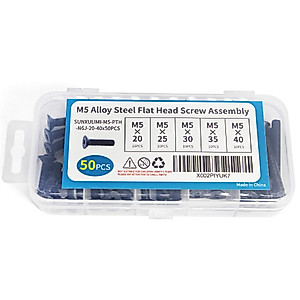 M5 x 20mm 25mm 30mm 35mm 40mm Flat Head Socket Cap Screws Countersunk Bolts, 10.9 Grade Alloy Steel, Black Oxide Finish, Fully Threaded, Metric Allen Hex Drive, Assortment Kit 50PCS