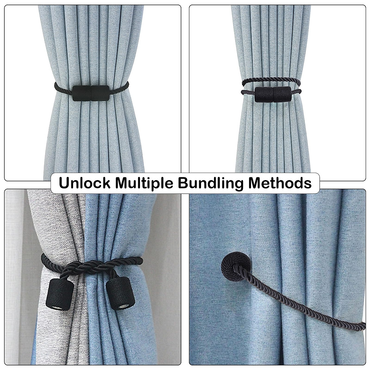 YSTDHL 4 Pack Magnetic Curtain Tiebacks, Minimalist Curtain Holders, Weave Rope Curtain Tie Backs, Modern Elegant Decorative Drapes Accessories (Black)