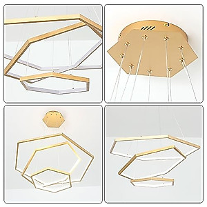 umeiluce 3 Lights Hexagon LED Chandeliers Brushed Gold Finish Chandelier Pendant Light Remote Dimmable Ceiling Hanging Light Fixture for Living Room Bedroom Dining Room
