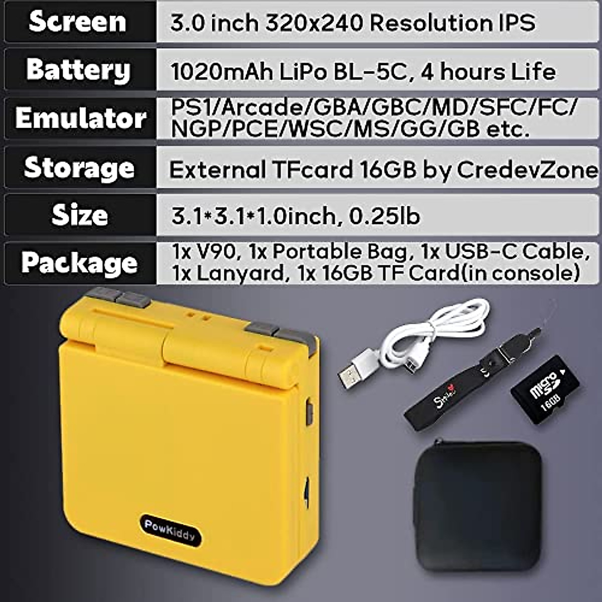 V90 Retro Clamshell Game Console 3 Inch IPS Screen Open System Handheld Game Console Built-in Rechargeable Battery Portable Style Handheld Gaming Video Console System with Case (Yellow, 64G)