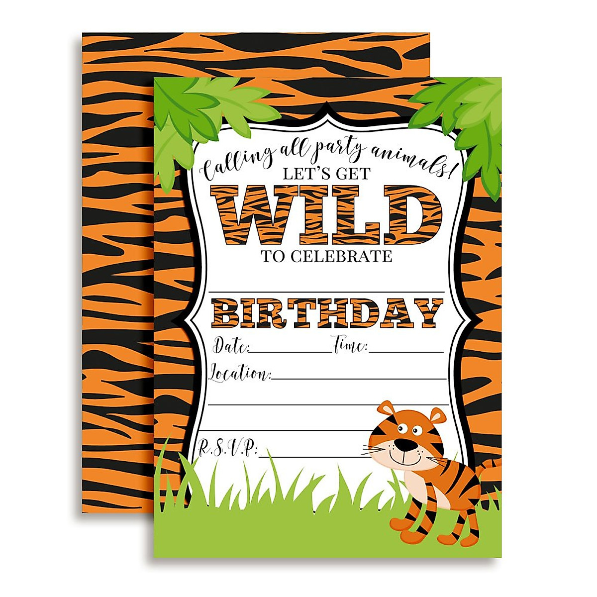 Tiger Birthday Party Invitations for a WILD time, 20 5x7 Fill In Cards with Twenty White Envelopes by AmandaCreation.
