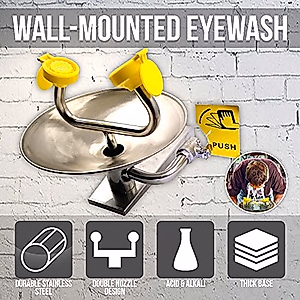 JJ CARE Yellow Eye Wash Station - Continuous Flow Dual Spray Heads Eye Wash Units - Hands-Free Emergency Eyewash Station - Wall Mount Stainless Steel Eye Washing Irrigation - Portable Eye Washer