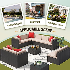 Greesum Patio Furniture Sets 12-Pieces Outdoor PE Rattan Sectional Sofa with Thickened Cushions and Glass Coffee Table, Beige