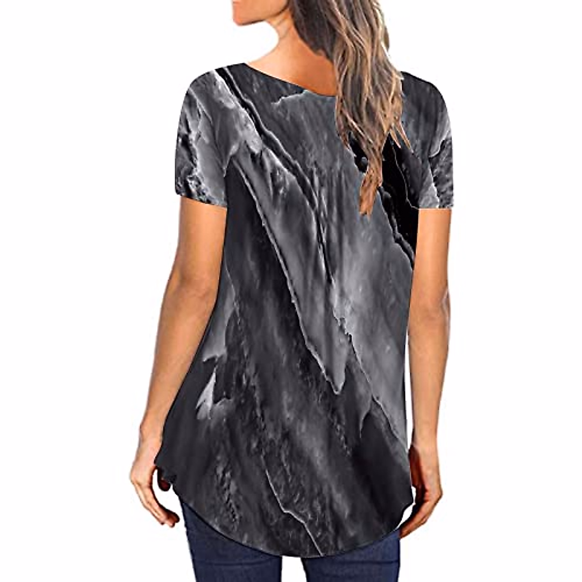Tuianres Summer Shirts for Women 2023 Loose Fit Tunic Marble Print Short Sleeve Pleated Hide Belly Button T-Shirt Blouse