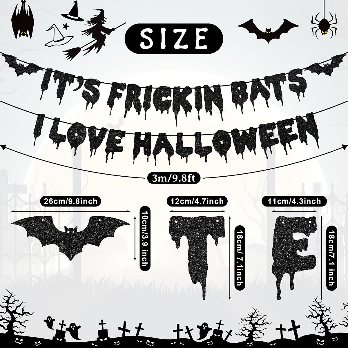 Black Glitter It's Frickin Bats I Love Halloween Banner - Hanging Paper Garland Bunting Banner Bloody Bat-Themed Decorations, Photo Backdrop for Wall Home Mantle Office Wall Spooky Party Supplies