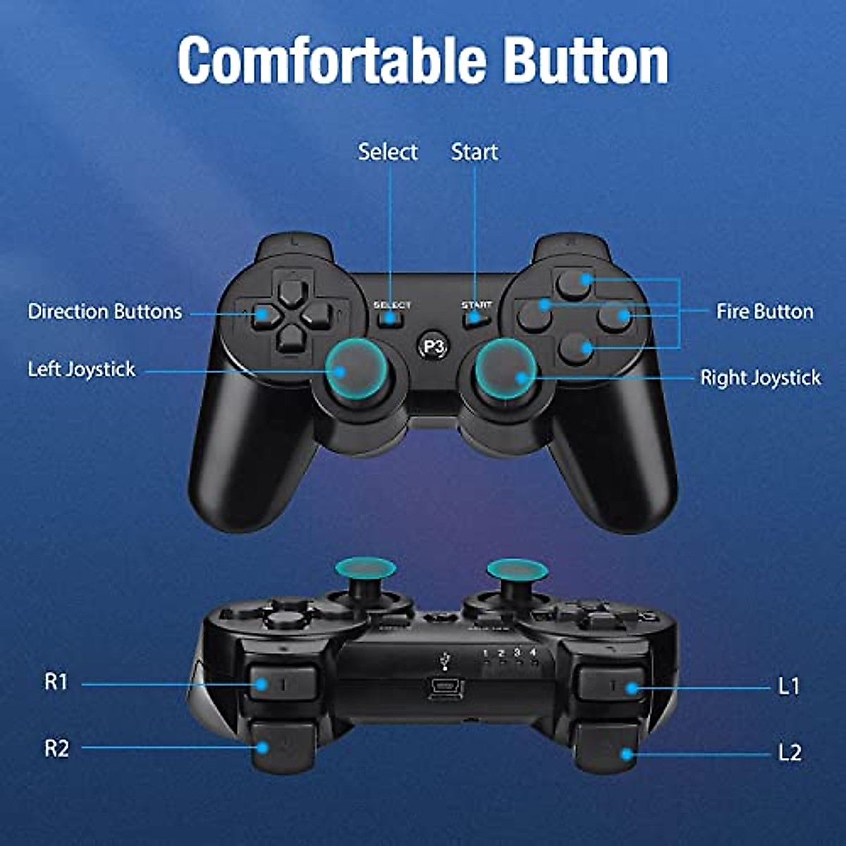 Lyyes Wireless Controller 2 Pack for PS-3,Double Shock,Rechargeable Analog Joystick,Remote for PS-3