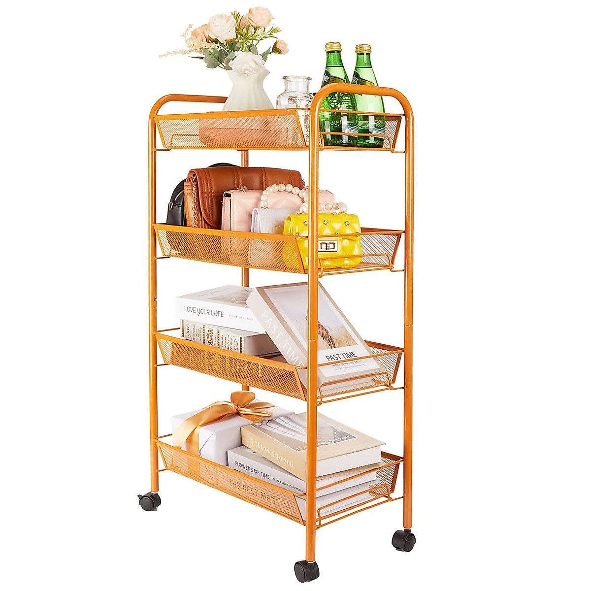 4-Tier Metal Rolling Utility Cart, Mobile Utility Cart with Lockable Caster Wheels, Multi-Functional Storage Trolley, Easy to Assemble, for Bathroom, Kitchen, Office, Workshop(Yellow)