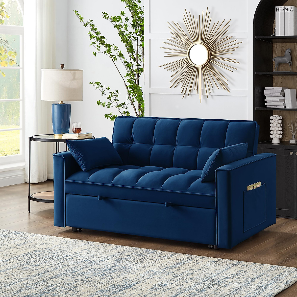 LUMISOL 4 in 1 Loveseat Sofa Bed with Armrests and Storage Pockets, Multifunctional Tufted Pull-Out Sofa Bed with Adjustable Backrest and Pillows, Convertible Loveseat Sofa Couch, 2 Seat, Blue