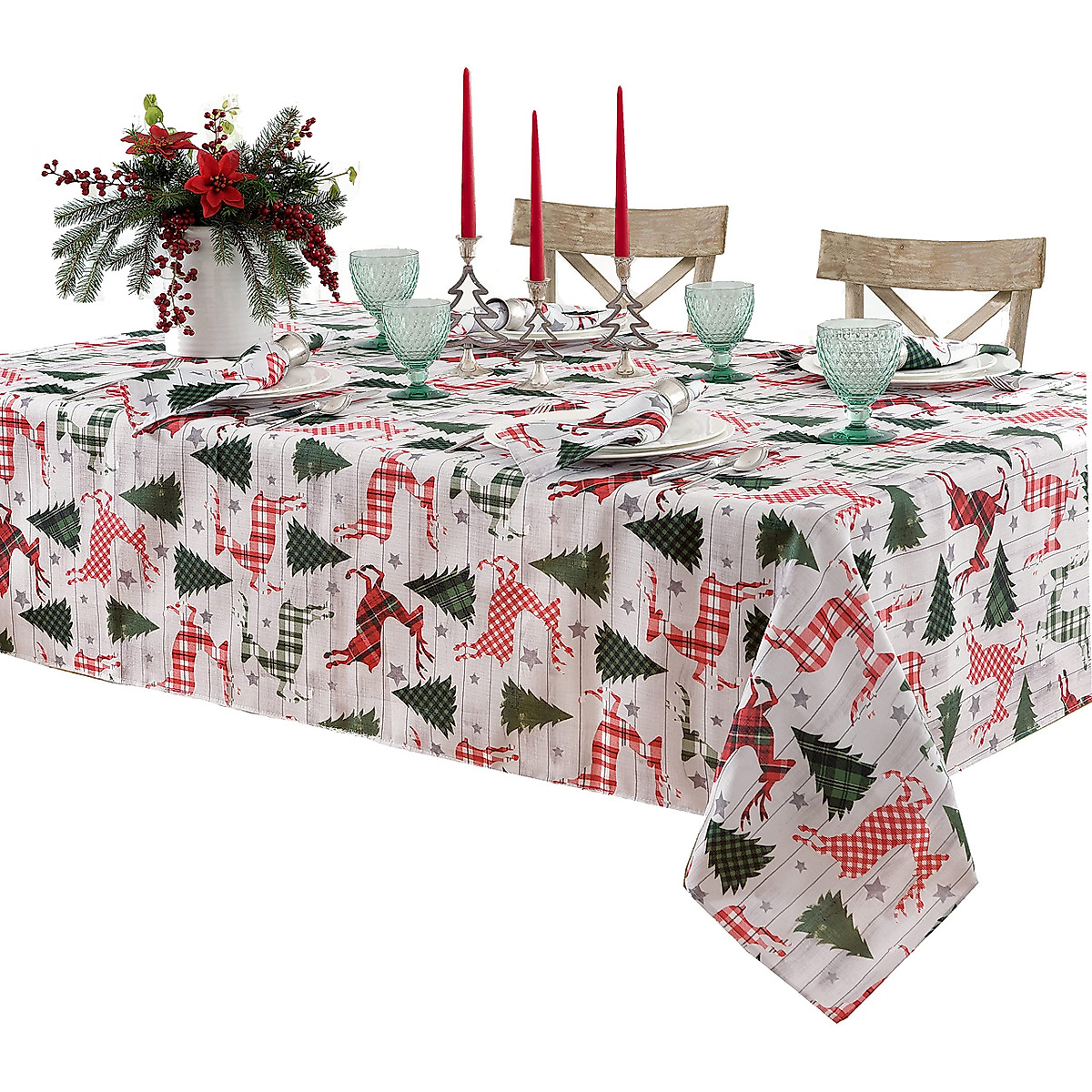 Newbridge Merry Reindeer Prance Country Rustic Christmas Fabric Tablecloth, Fun Cottage Reindeer and Xmas Tree Plaid Easy Care Holiday Tablecloth, 52” x 52” Square