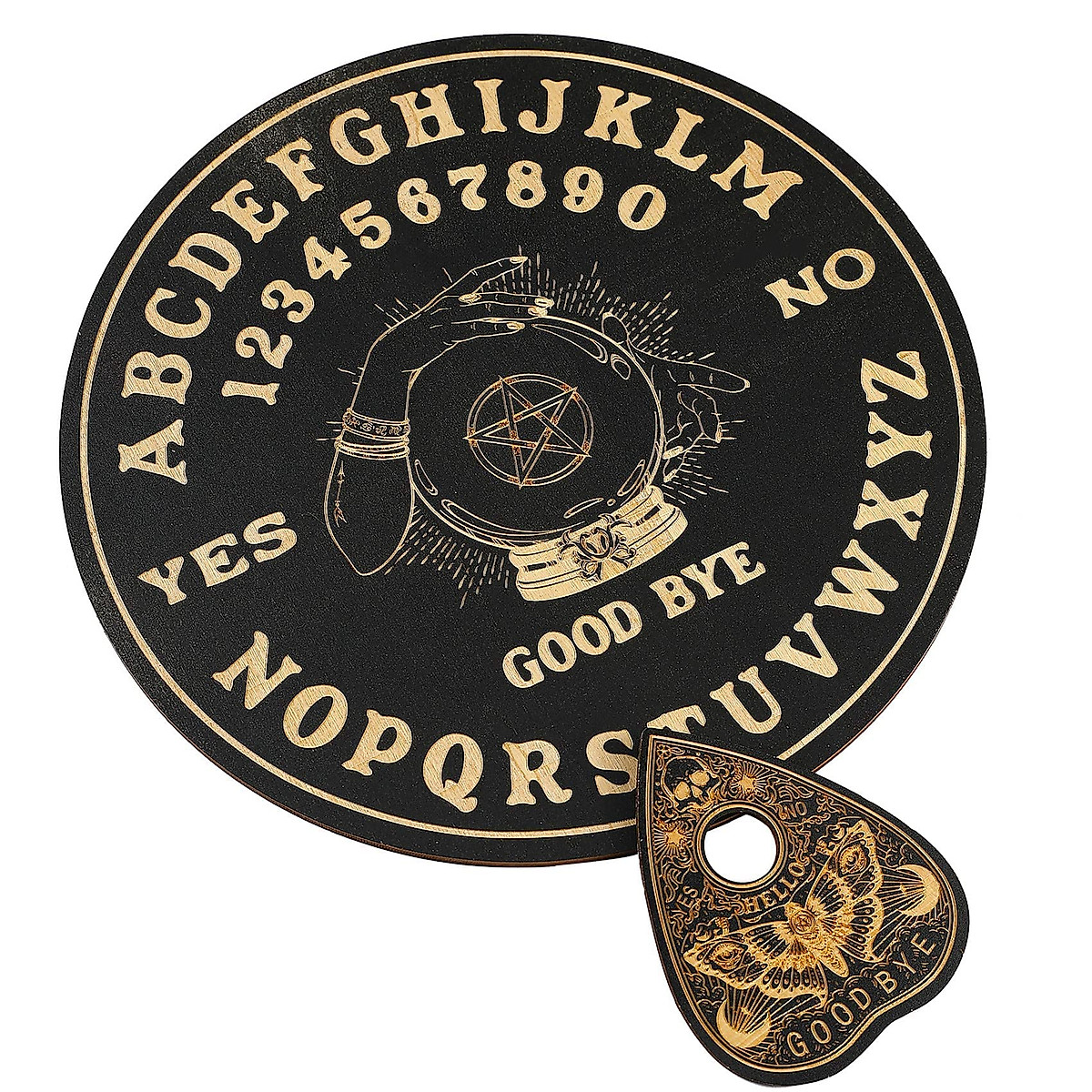 Keithwood 11.5’’ Black Spirit Board with Planchette Handmade Black Talking Board Game Spirit Board for Spirit Hunt, Witch Craft, Occult Practice - Magic Crystal Ball Pentagram Star in Hands