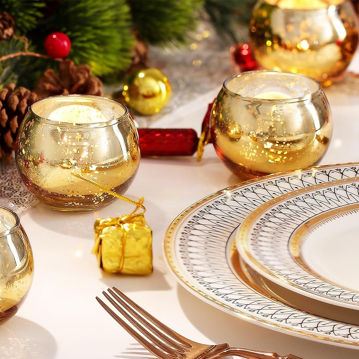 Tebery 12 Pack Round Gold Votive Candle Holders, 2-Inch Glass Tealight Candle Holder for Table Centerpiece, Wedding Decoration, Party, and Home Decor