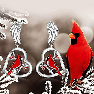 Cardinal Earrings for Women Sterling Silver Cardinal Appear When Angels Are Near Heart Red Bird Jewelry Dangle Memorial Gifts Angel Wing Studs