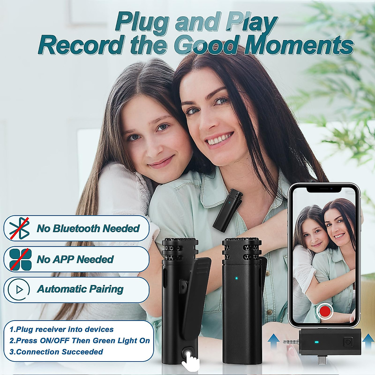 Biupky 3 in 1 Wireless Clip Mic, Wireless Lavalier Microphones, Lapel Clip-on Microphone, Plug-Play Wireless Microphones, for Android iPhone iPad Camera Video Recording TikTok Facebook YouTube Live