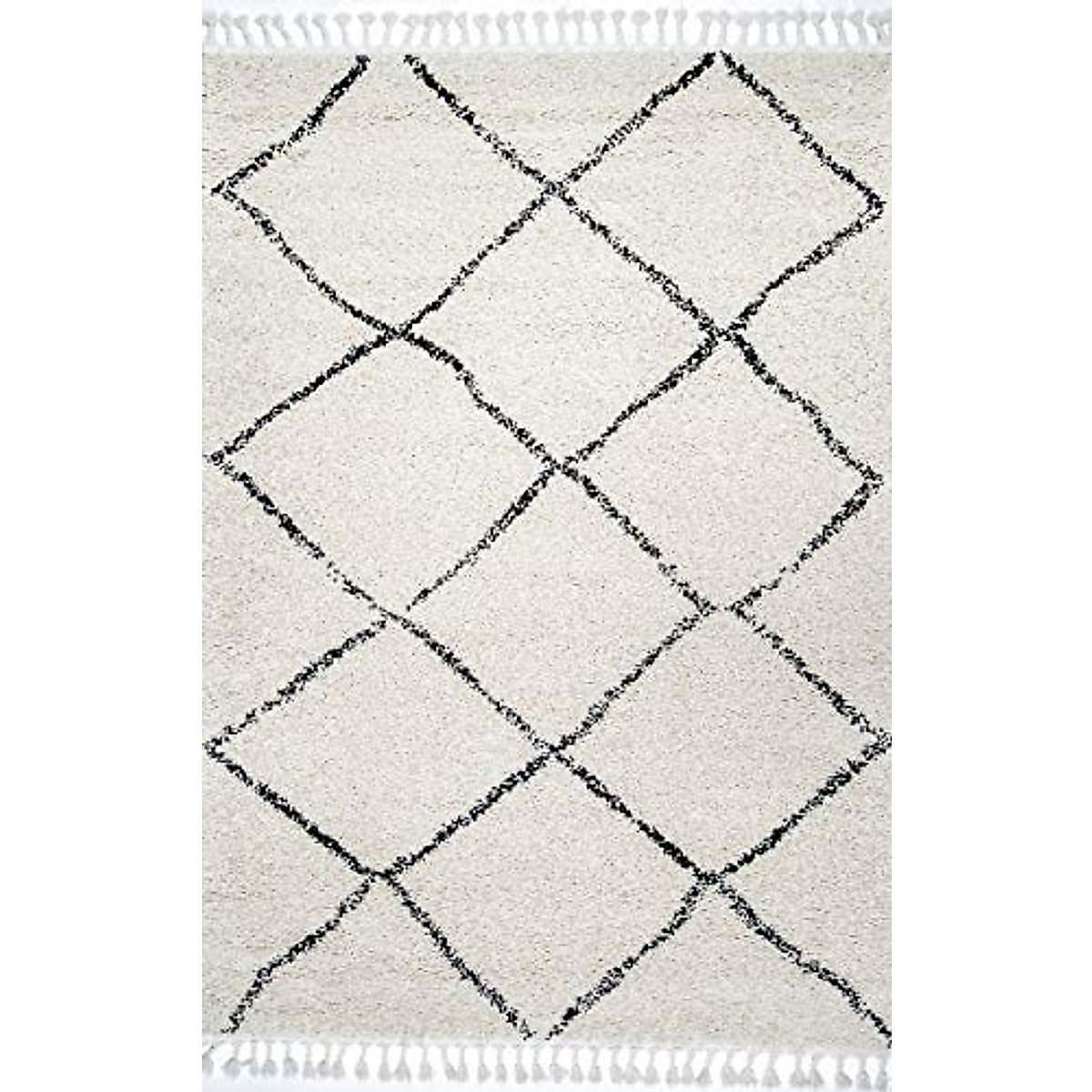 nuLOOM Jessie Moroccan Lattice Tassel Shag Area Rug, 6 ft 7 in x 9 ft, Off White