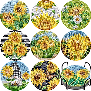 Sunflower Diamond Painting Coasters DIY Diamond Art Coaster 5D Full Drill Diamond Coaster Acrylic Round Cup Coaster with Holder Cork Pad for Summer Fall Thanksgiving Party Home Decor DIY Crafts, 8 PCS