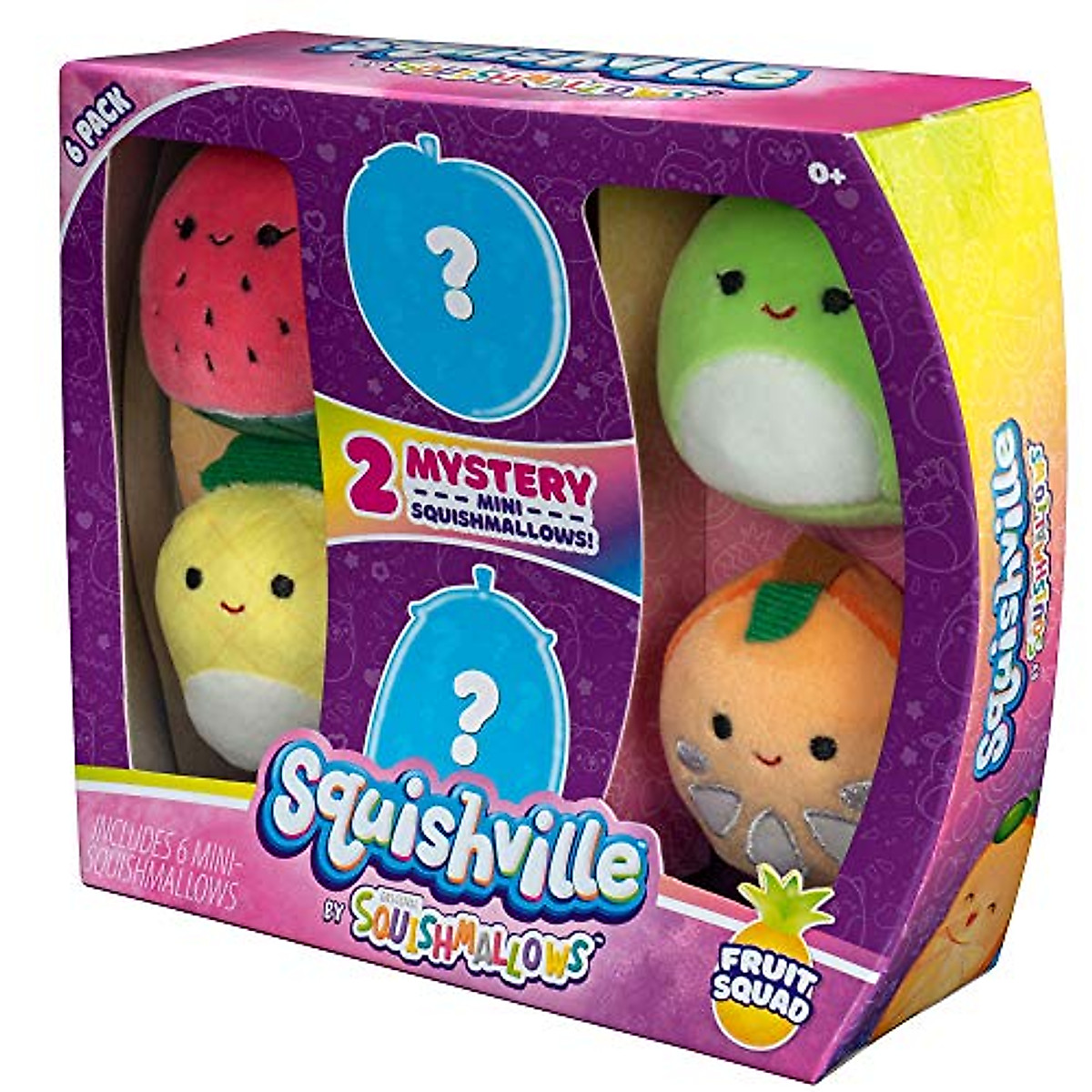 Squishville by Squishmallows Mini Plush Fruit Squad, Six 2" Soft Minimallow Plush, Irresistibly Colorful Fruits, Mini Peach, Pineapple, and Watermelon