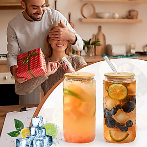 HONFAA 4 Pack Glass Cups with Lids and Straws, 16oz Beer Can Shaped Drinking Glasses, Iced Coffee Glass Tumbler,Cute Cups for Whiskey, Soda, Tea, Water