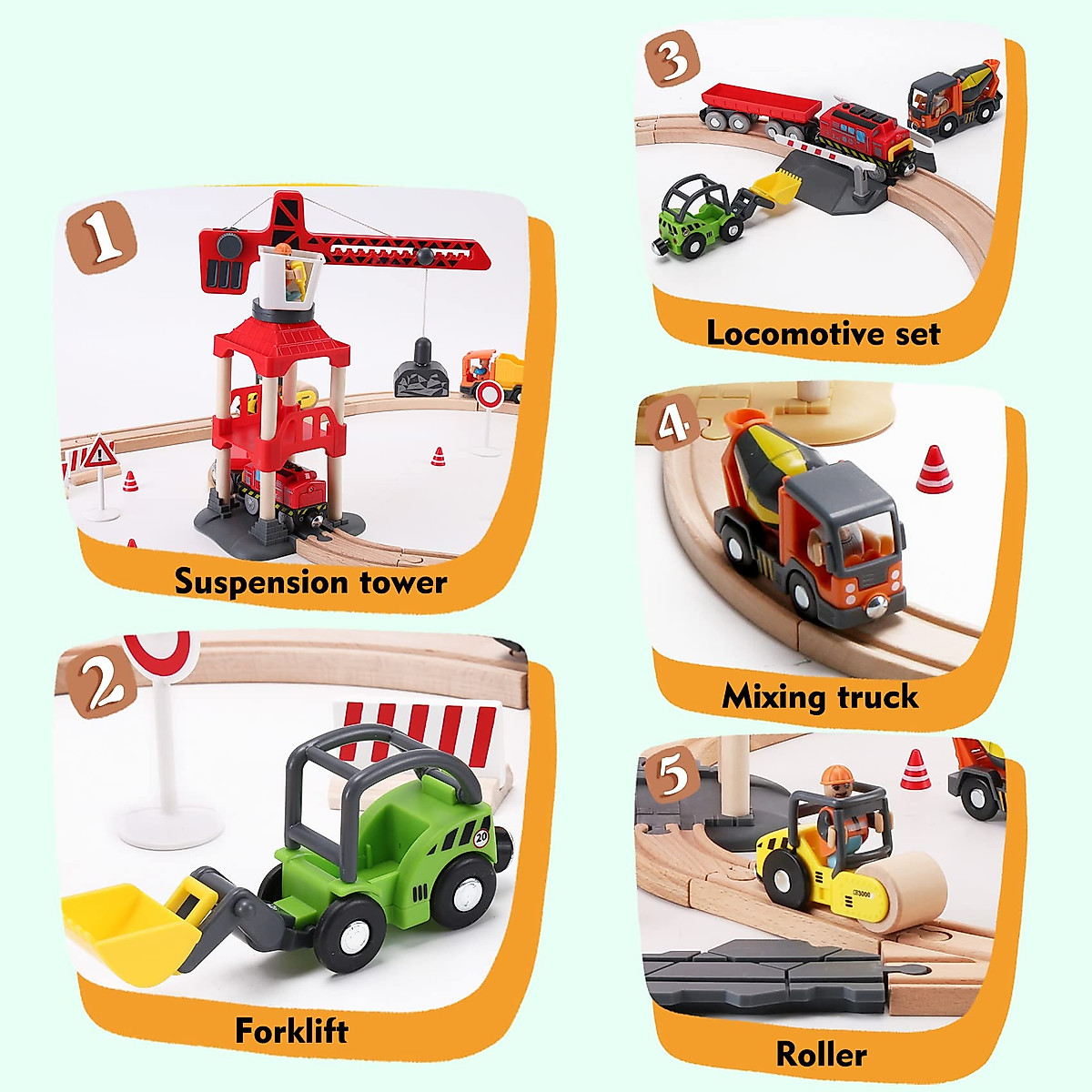 Winb Wooden Train Tracks 70pcs & Construction site Wooden Train Track, Gift Packed Toy Railway Kits for Kids, Toddler Boys and Girls Premium Wood Construction Toys-Fits 70pcs