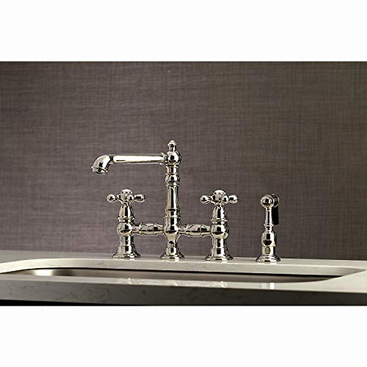 Kingston Brass KS7276AXBS English Country Bridge Kitchen Faucet, Polished Nickel, 8.31 x 8 x 6.88