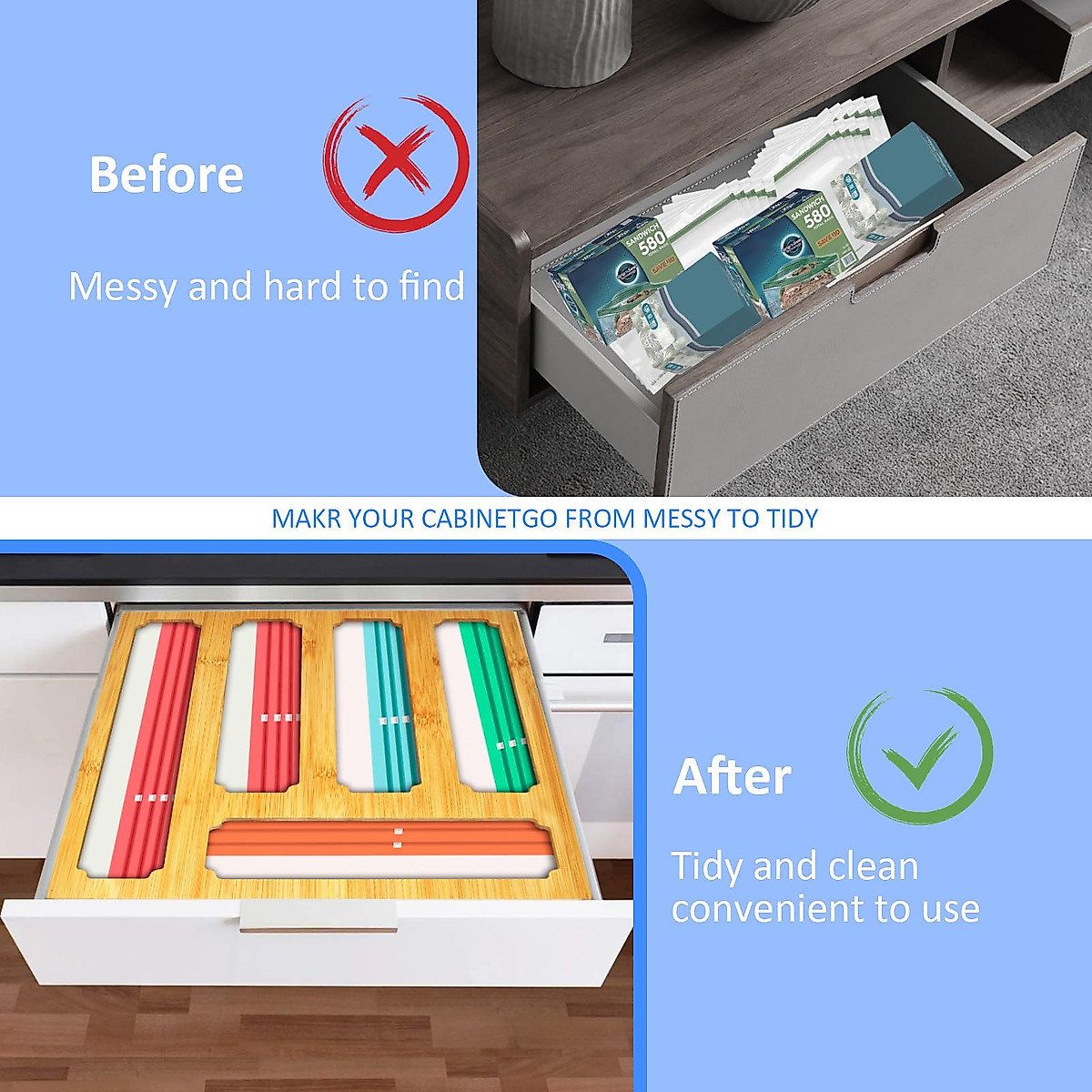 Bamboo Food storage bag organizer, kitchen drawer organizer, Wall Mount bag storage organizer, ziplock bag Storage Compatible with Gallon, Quart, Sandwich & Snack Variety Size Bags 1 Box 5 Slots