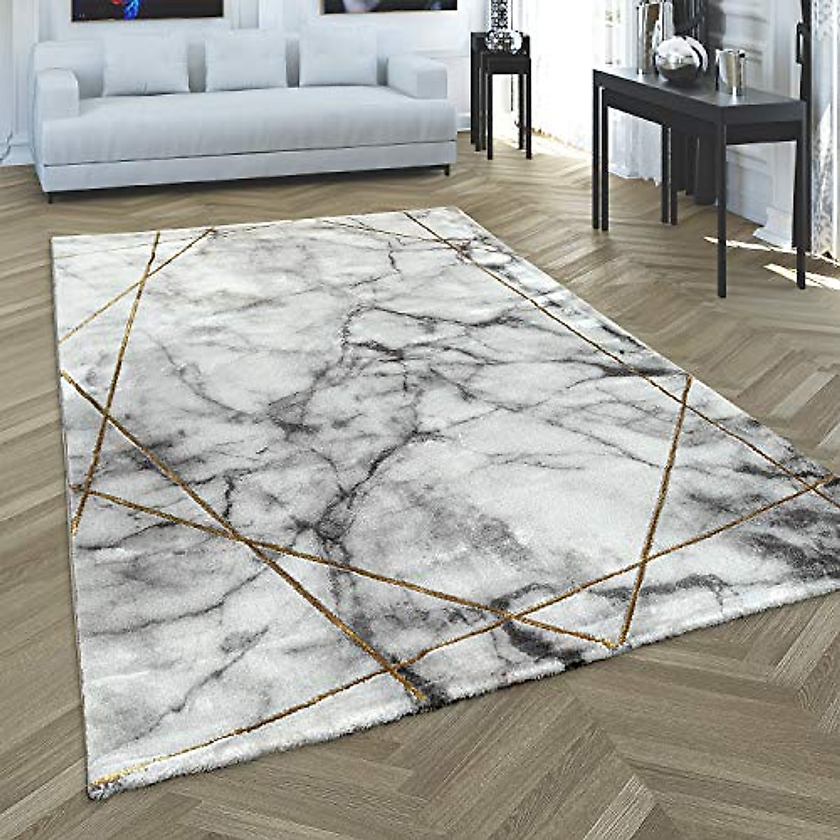 Marble Patten Area Rug in Gold Cream for Living Room with Contour Cut, Size: 3'11" x 5'7"