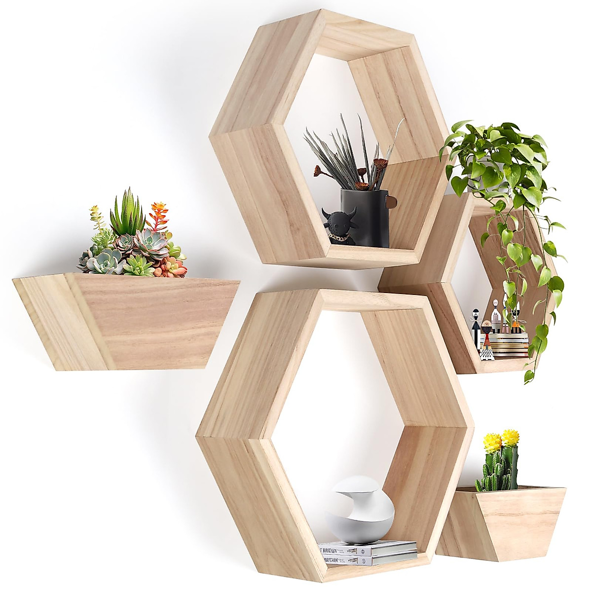 Aurovive Wooden Hexagon Floating Shelves Set of 5 Wall Mounted Honeycomb Shelf octogone shelve Geometric Shaped Organizer for Living Room Bathroom Bedroom Guest Room Decor Accessories nartural