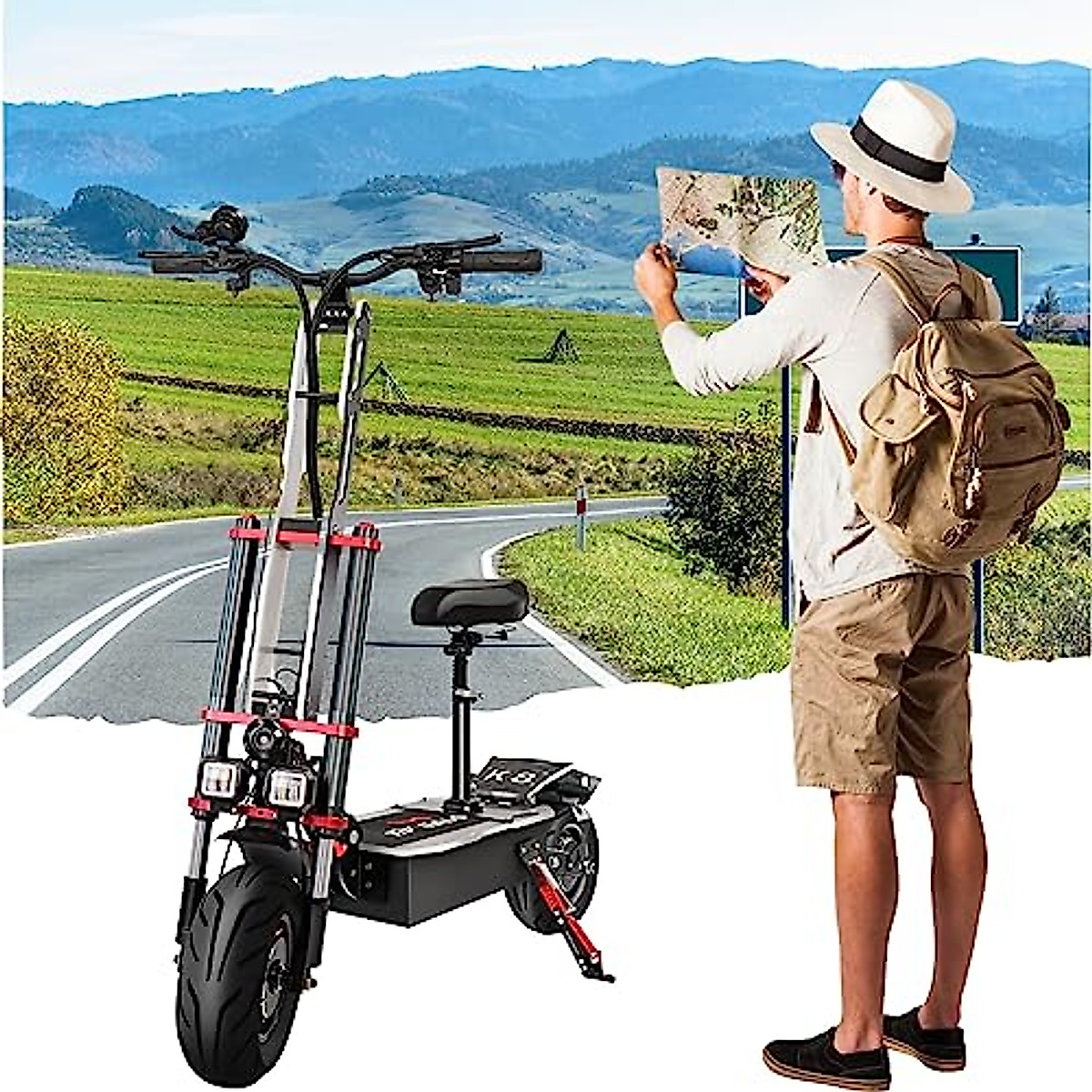 Tumotcy Electric Scooter Adult 5600w Dual Motor, Max Speed 50MPH Range 70 Miles, 12 Inch Street Tires Commuter Dual Suspension E-Scooter with Seat