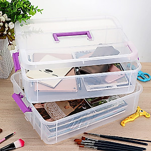 JUXYES 2-Tiers Stack Carry Storage Box With Handle, Transparent Stackable Storage Bin With Handle Lid Latching Storage Container for School & Office Supplies