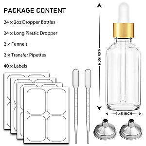 Bumobum 2 oz Dropper Bottle, 24 pack Clear Glass Eye Dropper Bottles with Golden Top Cap for Essential Oils, Tincture Bottle with Labels and Funnel