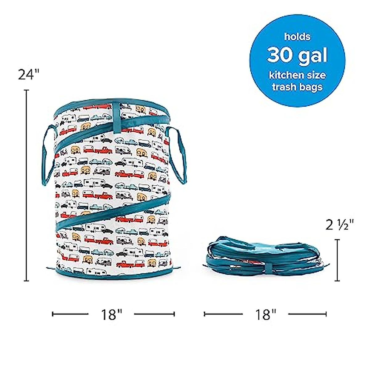 Camco Life Is Better at the Campsite Camper/RV Pop-Up Utility Container | Features Multi-Color Camping Themed Design & Holds 30-Gal. Kitchen-Size Trash Bags | Includes Heavy-Duty Stake (42986)