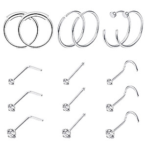 FINREZIO 15PCS 22G 20G 18G Surgical Steel Nose Rings Hoop Studs Cartilage Earrings Body Piercing Jewelry 1.5mm 2mm 2.5mm CZ (A:22G,8MM Silver Nose Ring)