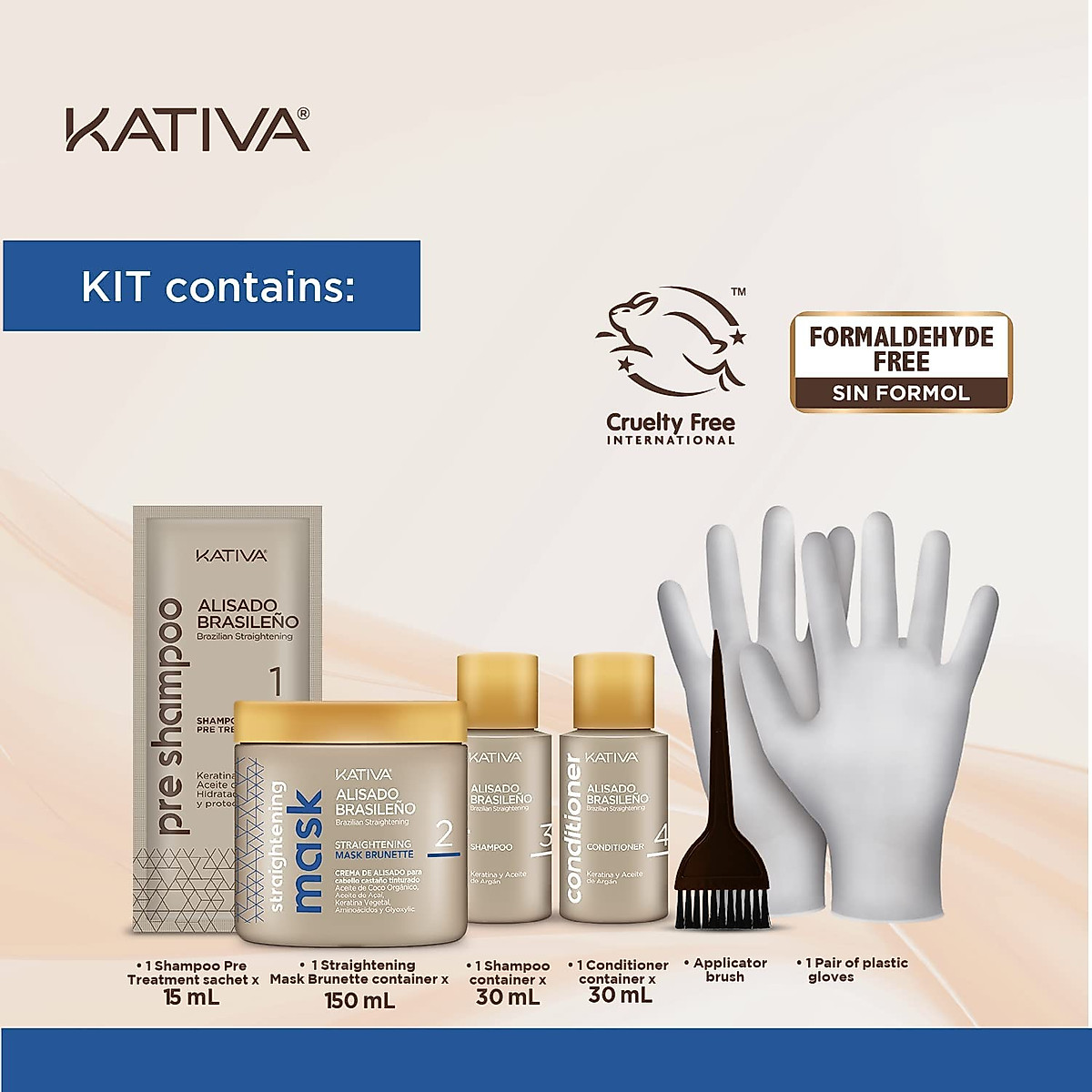 Kativa Brazilian Straightening Brunette Kit, 12 Weeks of Home Use Professional Straightening, with Organic Coconut Oil, Açai Oil, and Keratin, for Straighter, Softer and Shinier Dark-Coloured Hair