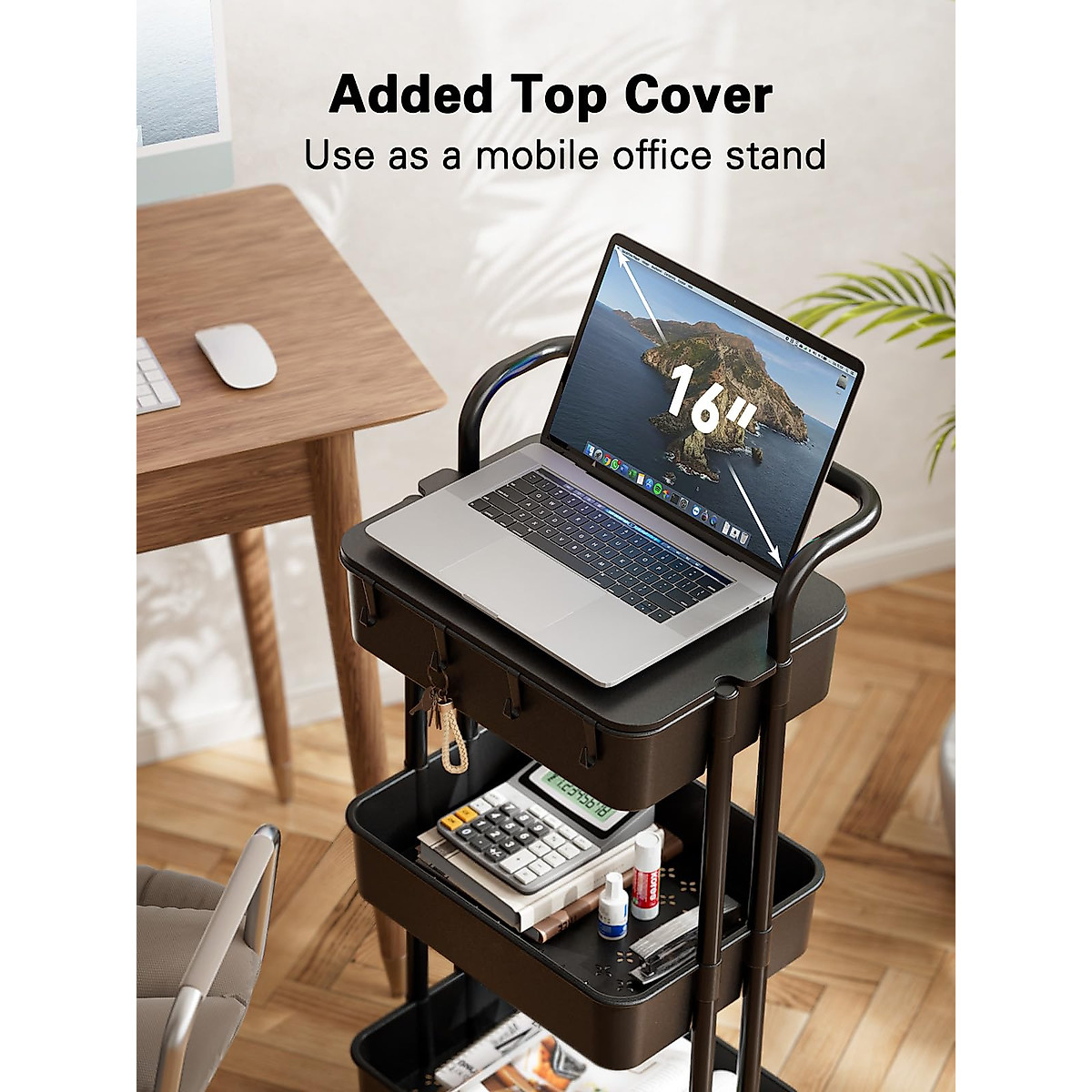 Pipishell 3 Tier Rolling Cart with Table Top, Utility Cart with Wheels & 4 Hooks, Rolling Storage Cart for Home Storage and Organization, Black, PIUC09B