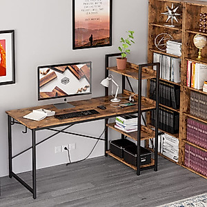 IRONCK Computer Desk 55" with Power Outlet and Storage Shelves, Study Writing Table with USB Ports Charging Station, PC Desk Workstation for Home Office, Rustic Brown
