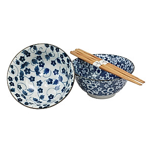 Ebros Japanese Asian Vintage Design Floral Autumn Blue And White Porcelain Bowl Set of 2 With Wooden Chopsticks Kitchen And Dining Dishwasher Safe Perfect For Udon Ramen Pho Wonton Soup Made In Japan