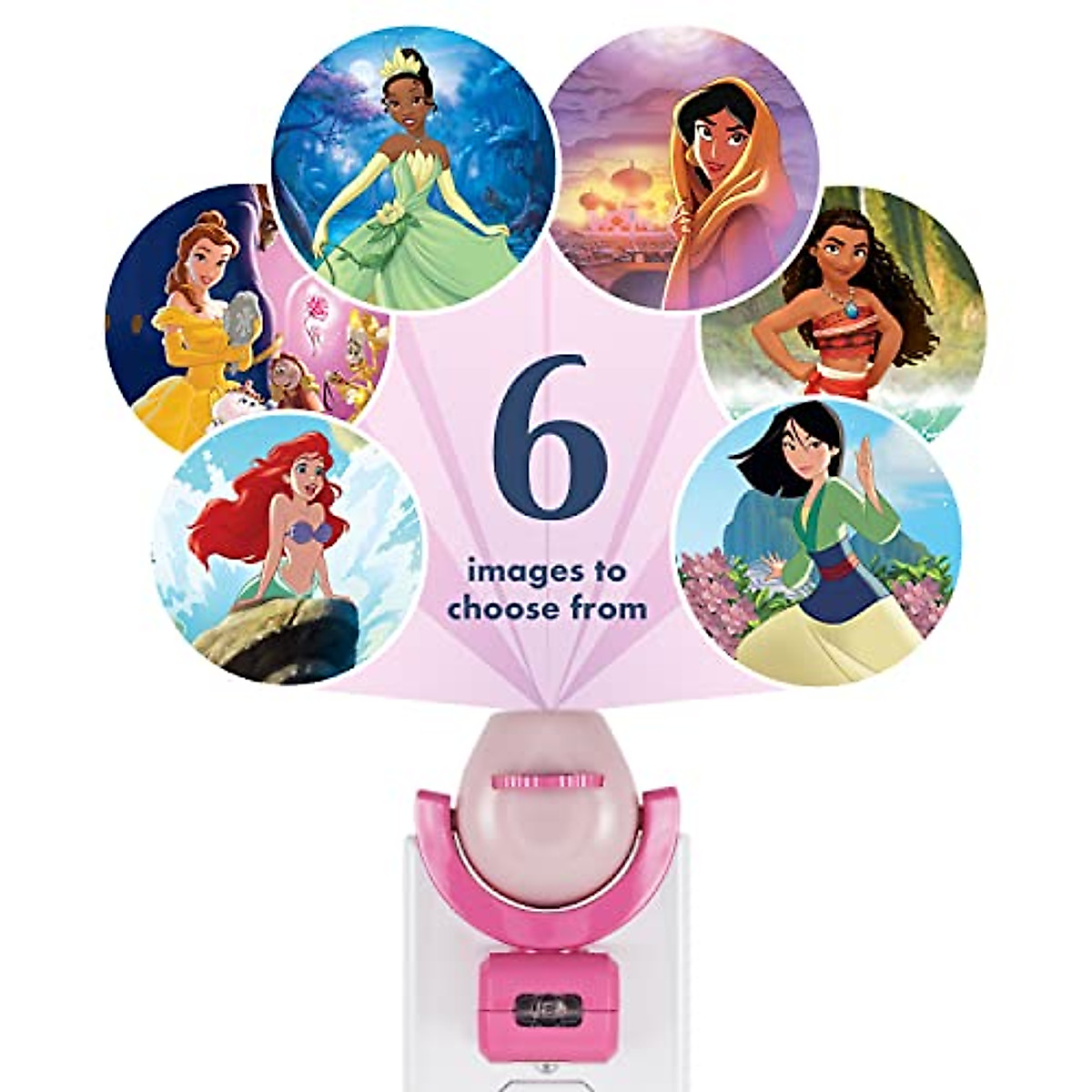 Projectables Disney Princess LED Kids Night Light, Projector, Plug-In, Dusk-to-Dawn Sensor, Belle, Jasmine, Ariel, Moana, Tiana & Mulan, Pink, 11738