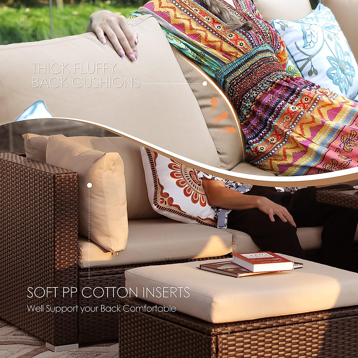 NICESOUL 8 Seat 29.3'' High Back Outdoor Furniture Set, Extra Large Brown PE Rattan Patio Conversation Sets, Deep Seating Modular Sectional with Ottoman, Oversized Conversations for Backyard, Beige