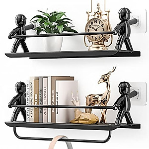 DUSASA Floating Wall Shelves for Bedroom/Bathroom, 2 Pack Metal Hanging Shelf for Living Room/Kitchen/Laundry Room, Wall Mounted Shelves with Towel Rack, Rustic Black Shelves for Wall Décor & Storage