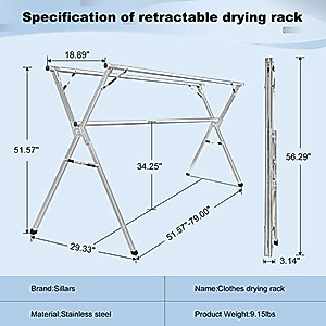 Sarahipe Sillars Clothes Drying Rack, 94.5 inches Laundry Drying Rack Clothing Foldable & Collapsible Stainless Steel Heavy Duty Clothing Drying Rack with Windproof Hooks for Indoor Outdoor