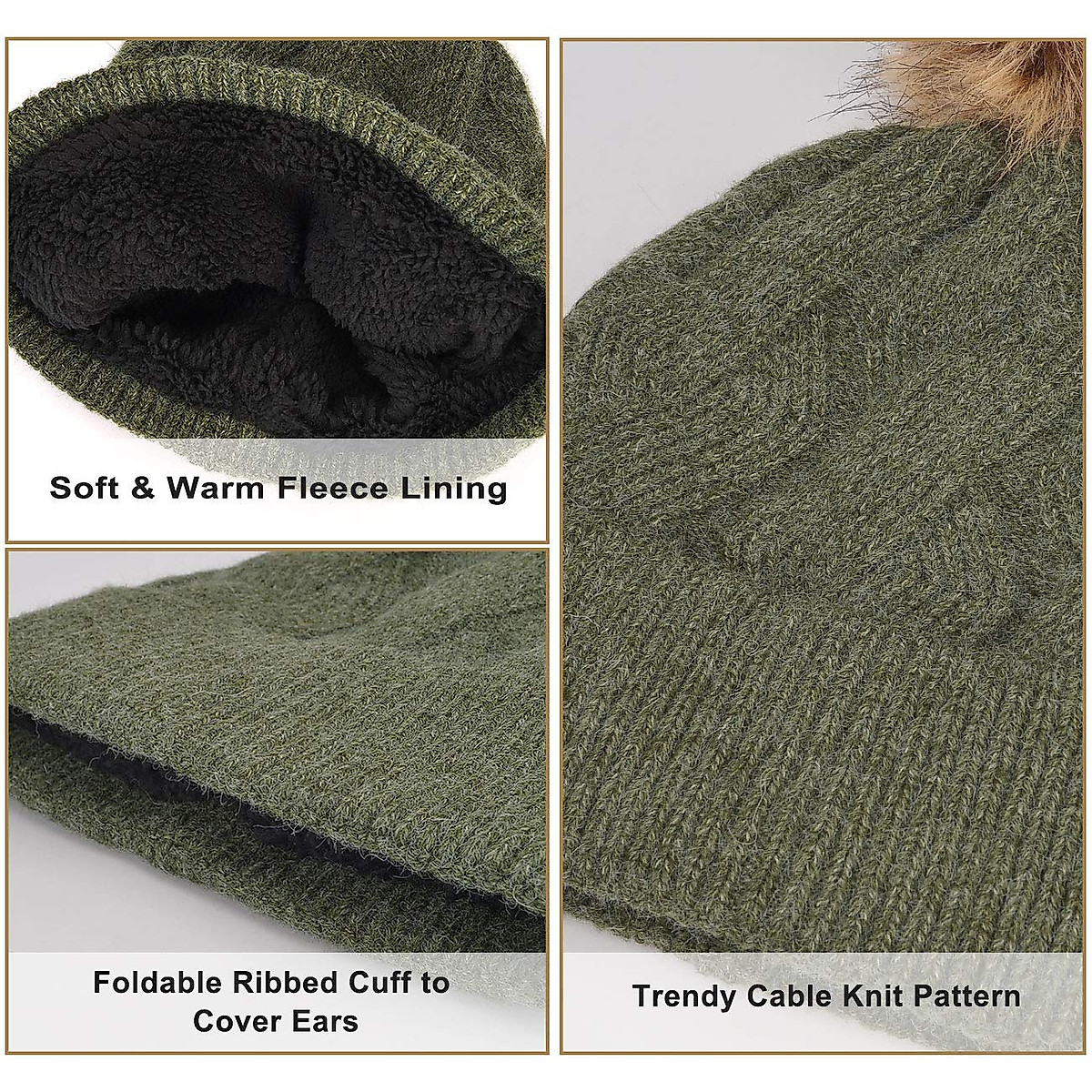 MAYLISACC Cable Knit Beanie-Hats and Mittens-Gloves-Set for Women Fleece Lined Winter Ski Caps with Fuax Fur Pom Pom, Green