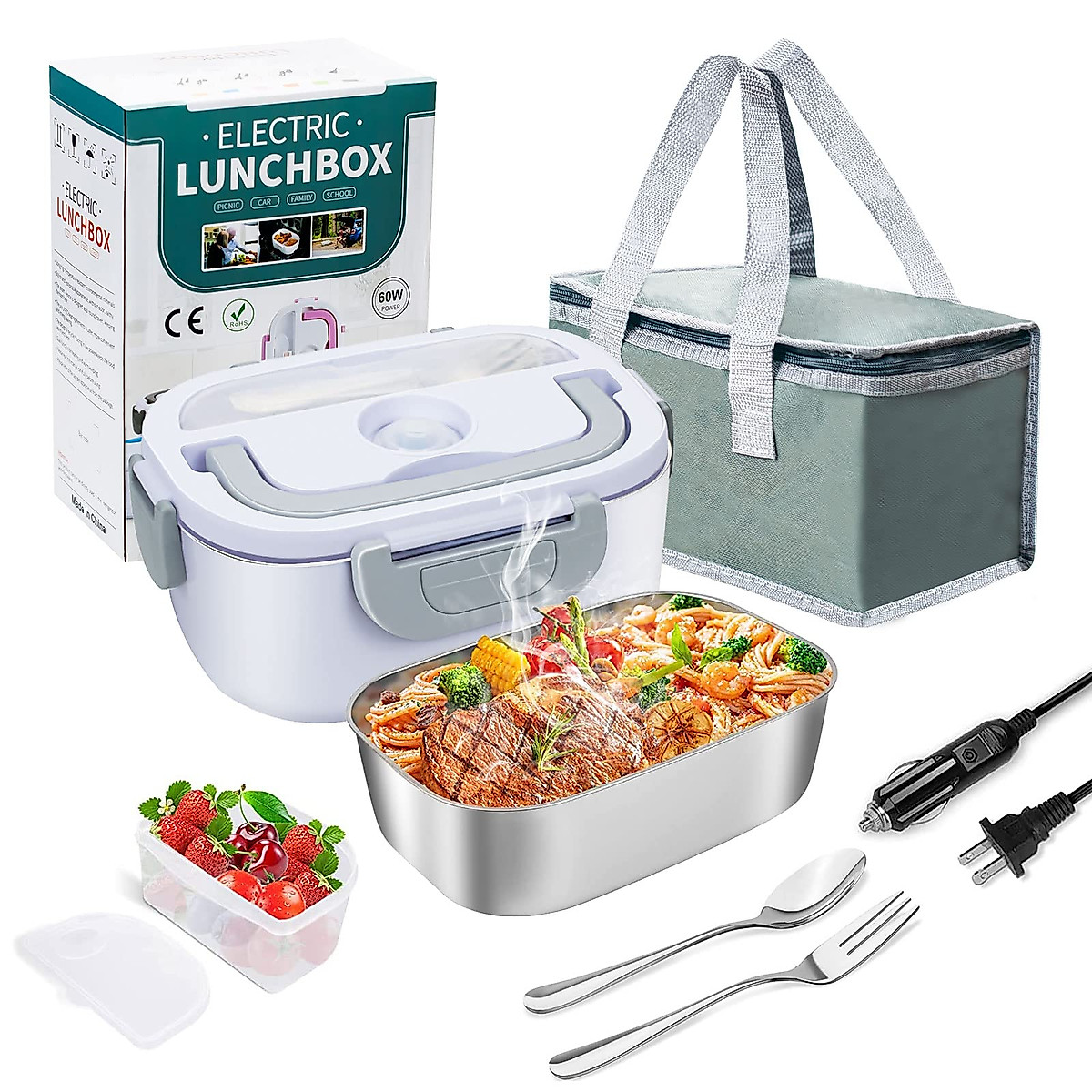 LAVAED 60W Electric Lunch Box - Fast Heating, Leakproof, Large Capacity, Portable, Safe, Easy to Clean, 3 in 1, Gray