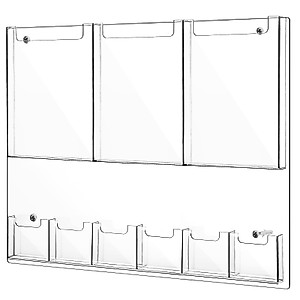 Weysat Acrylic Brochure Holder Wall Mount Rack Acrylic Magazine Literature Holder Display Stand Business Tri Fold Clear 9 Pockets Pamphlet Display Holder Plastic Flyer Wall Mount Slots (1 Pcs)