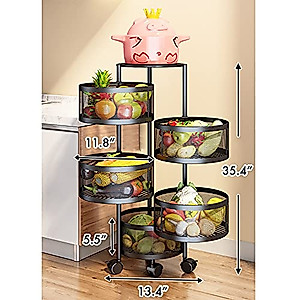 BotaBay Round Rotating Multi-Layer Kitchen Storage Shelf, 5 Tier Fruit Vegetable Storage Basket, Kitchen Storage Rack Floor Standing, Movable Household Storage Rack for Kitchen Living Room Toilet