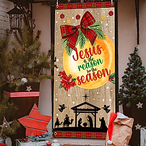 Jesus Is The Reason for The Season Banner, Baby Jesus Christmas Door Decorations,Willow Red Bowknot Holy Nativity Scene Backdrop for Xmas village background Winter Holiday Party Supplies
