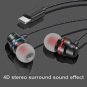 Washranp YT1 Wired Earbuds in-Ear Heavy Bass Metal Type-c Wire Control Music Earphones for Gaming Sport iOS Android Smartphone Black