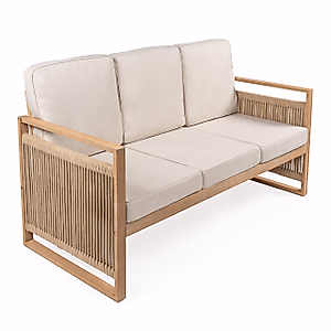 JONATHAN Y SFB1002A Gable 3-Seat Mid-Century Modern Roped Acacia Wood Outdoor Sofa with Cushions Scandinavian, Classic, Transitional, Industrial for Backyard, Patio, Porch, Beige/Light Teak