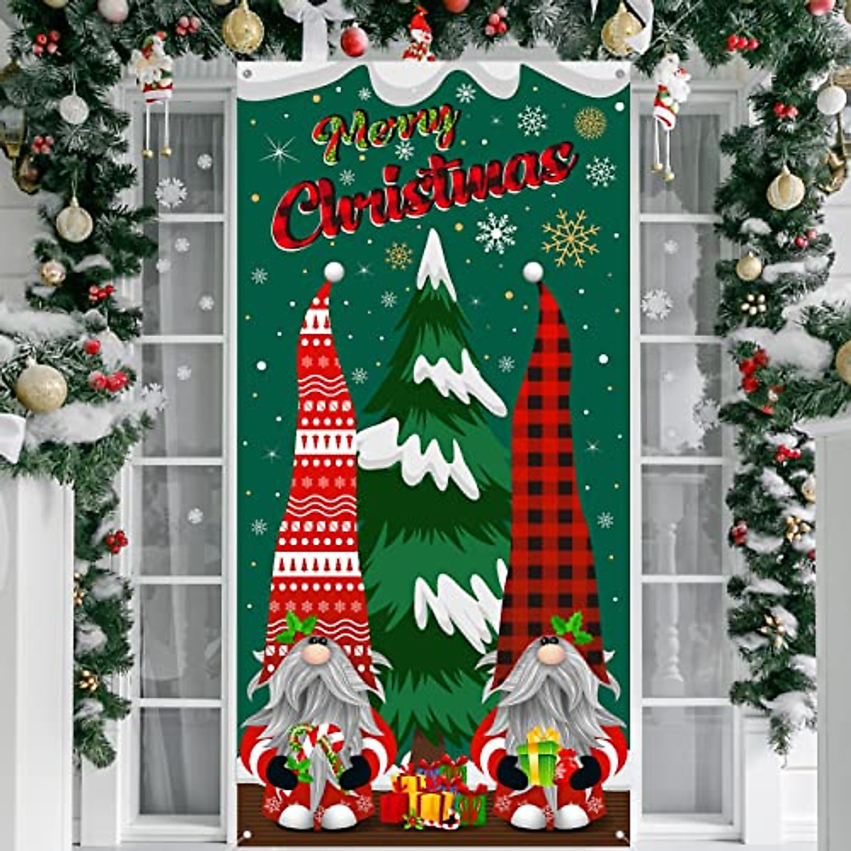 Gnome Christmas Door Cover Christmas Door Decorations Gnome Christmas Backdrop Hanging Front Door Background Merry Christmas Banner Xmas Eve Holiday Party Decor Supplies