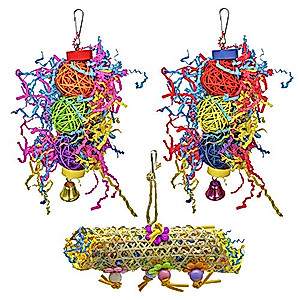 Meric Parrot Toys, Chewing Hanging Kabobs and Shredder Burrito Toys, Bright Colorful Irresistible Foraging Fest, Unleash The Amazing Amazon in Your Parrot, Conure, Cockatiel, African Grey, 3 pcs/Pack